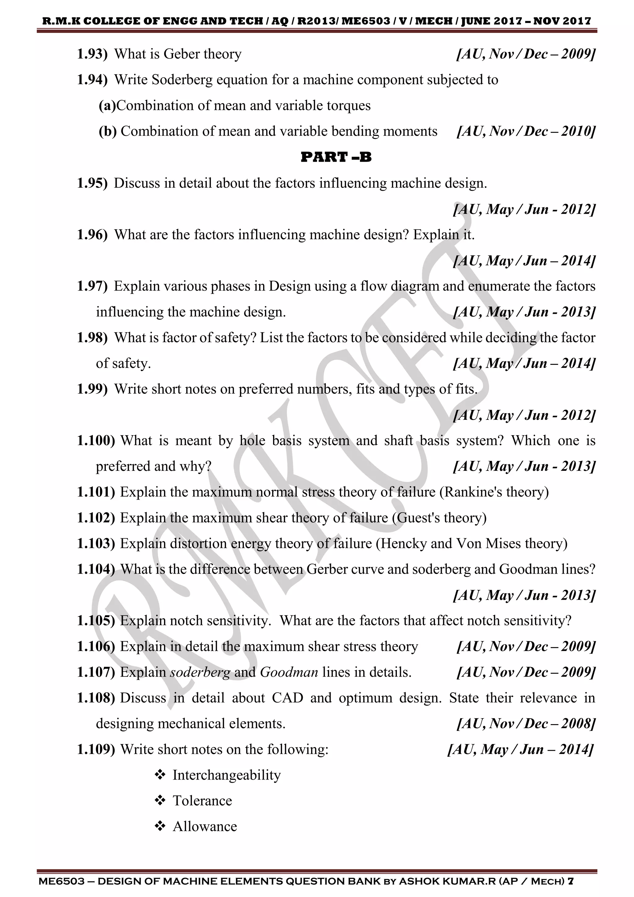 DESIGN OF MACHINE ELEMENTS QUESTION BANK | PDF