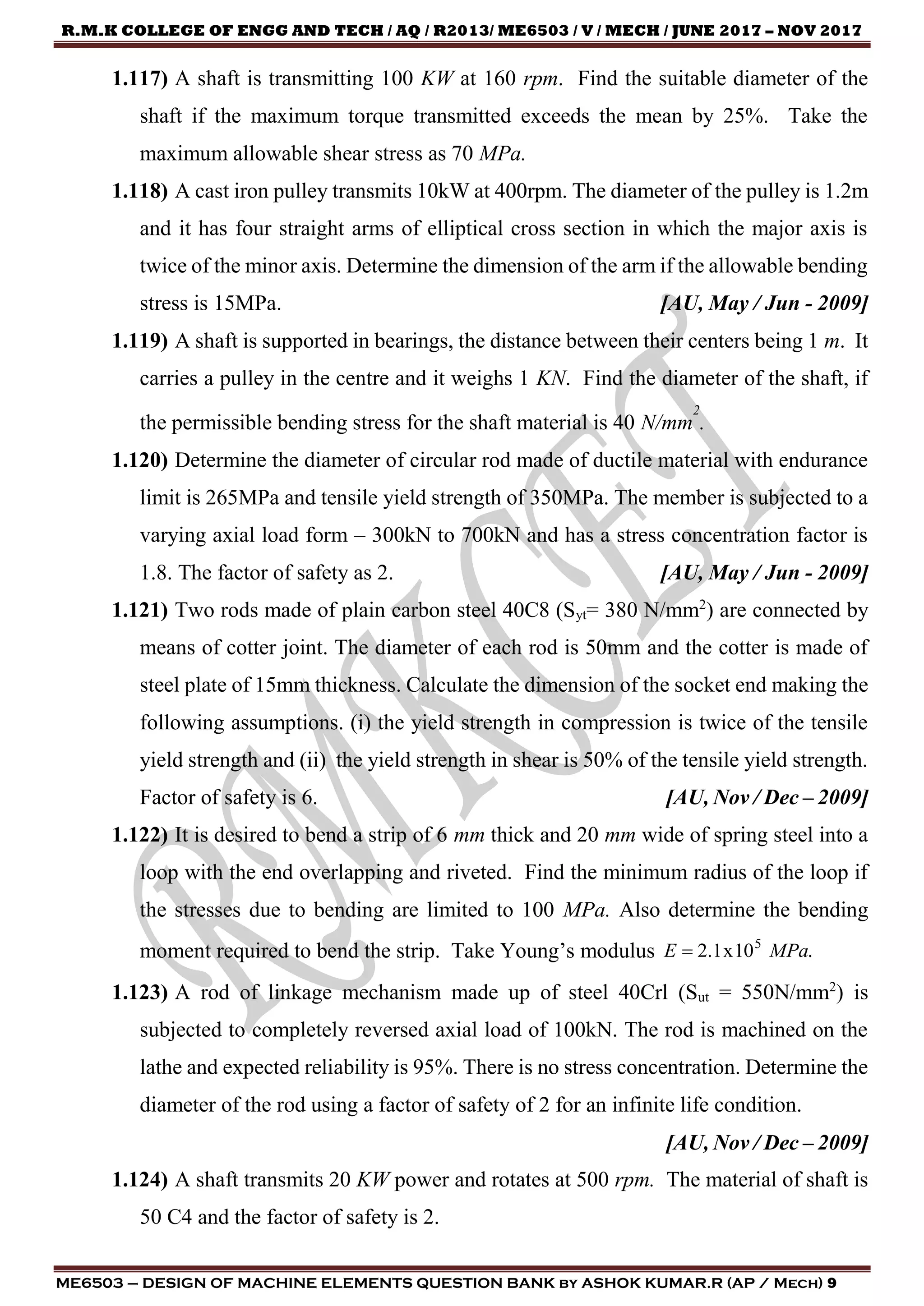DESIGN OF MACHINE ELEMENTS QUESTION BANK | PDF
