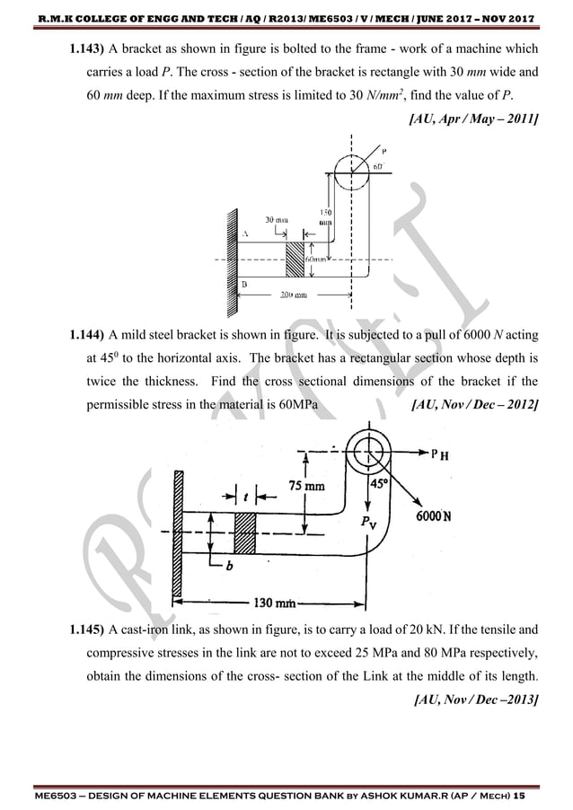 DESIGN OF MACHINE ELEMENTS QUESTION BANK | PDF
