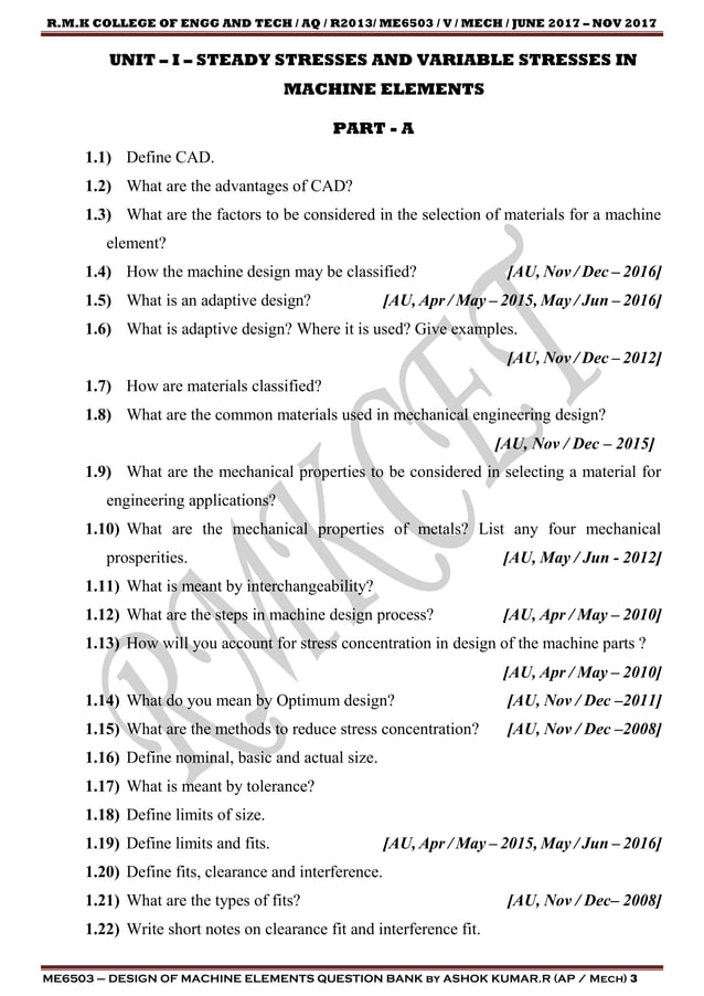 DESIGN OF MACHINE ELEMENTS QUESTION BANK | PDF