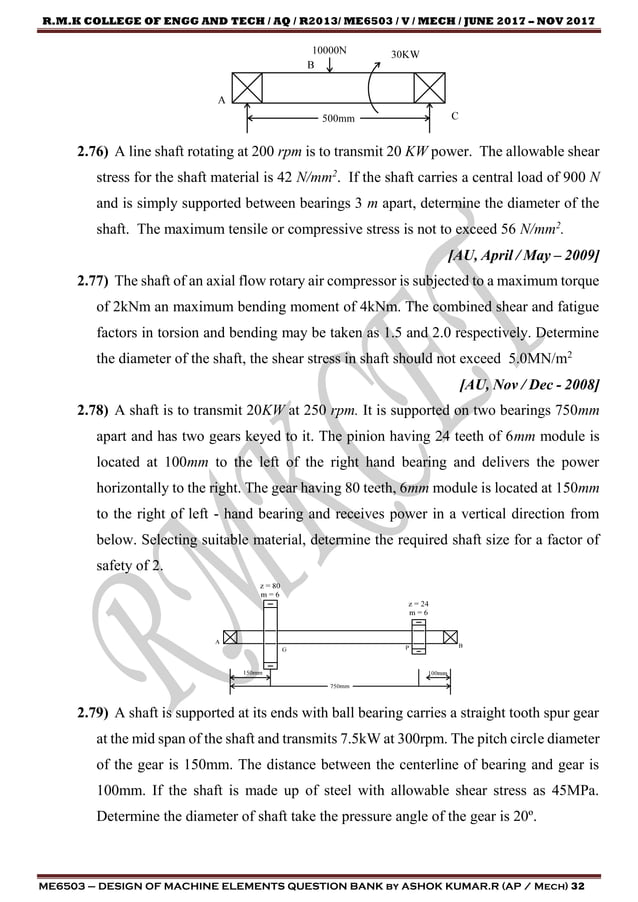 DESIGN OF MACHINE ELEMENTS QUESTION BANK | PDF