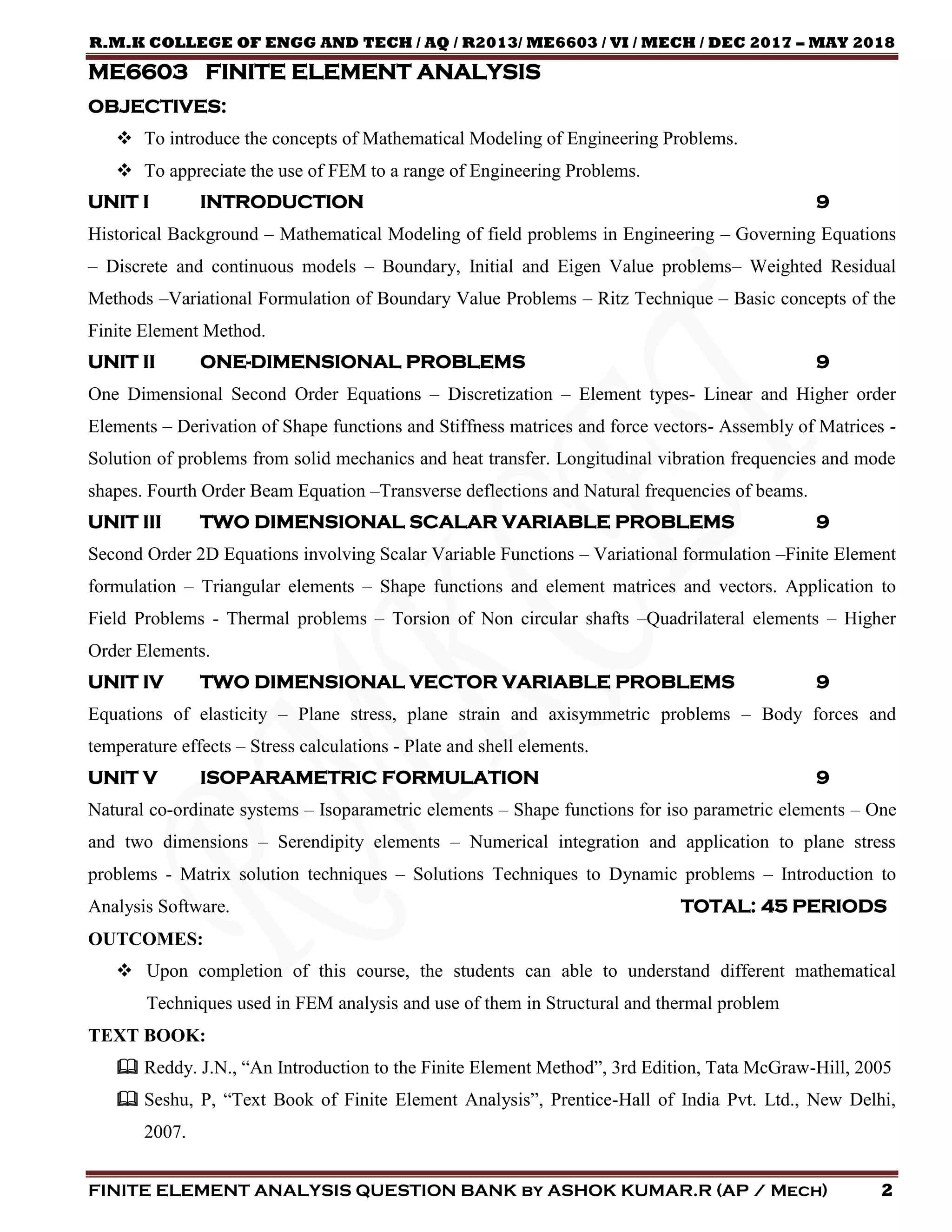 ME6603 - FINITE ELEMENT ANALYSIS | PDF | Physics | Science