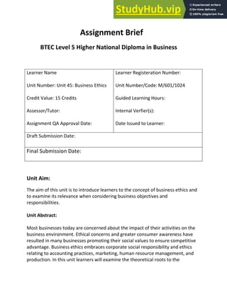 Assignment Brief BTEC Level 5 Higher National Diploma In Business | PDF