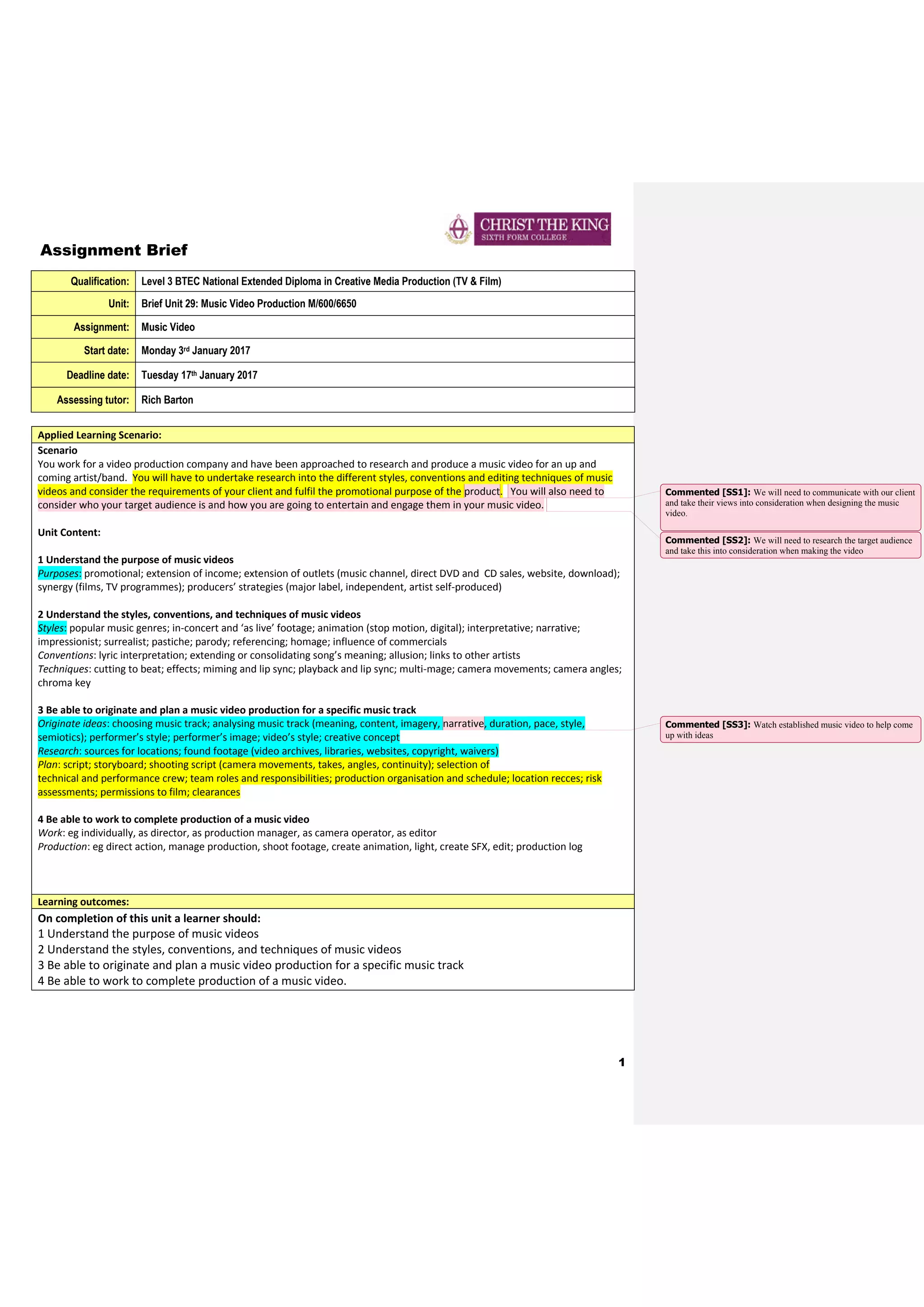 Annotated - Assignment brief unit 29__music video production | PDF | Video Production | Content ...