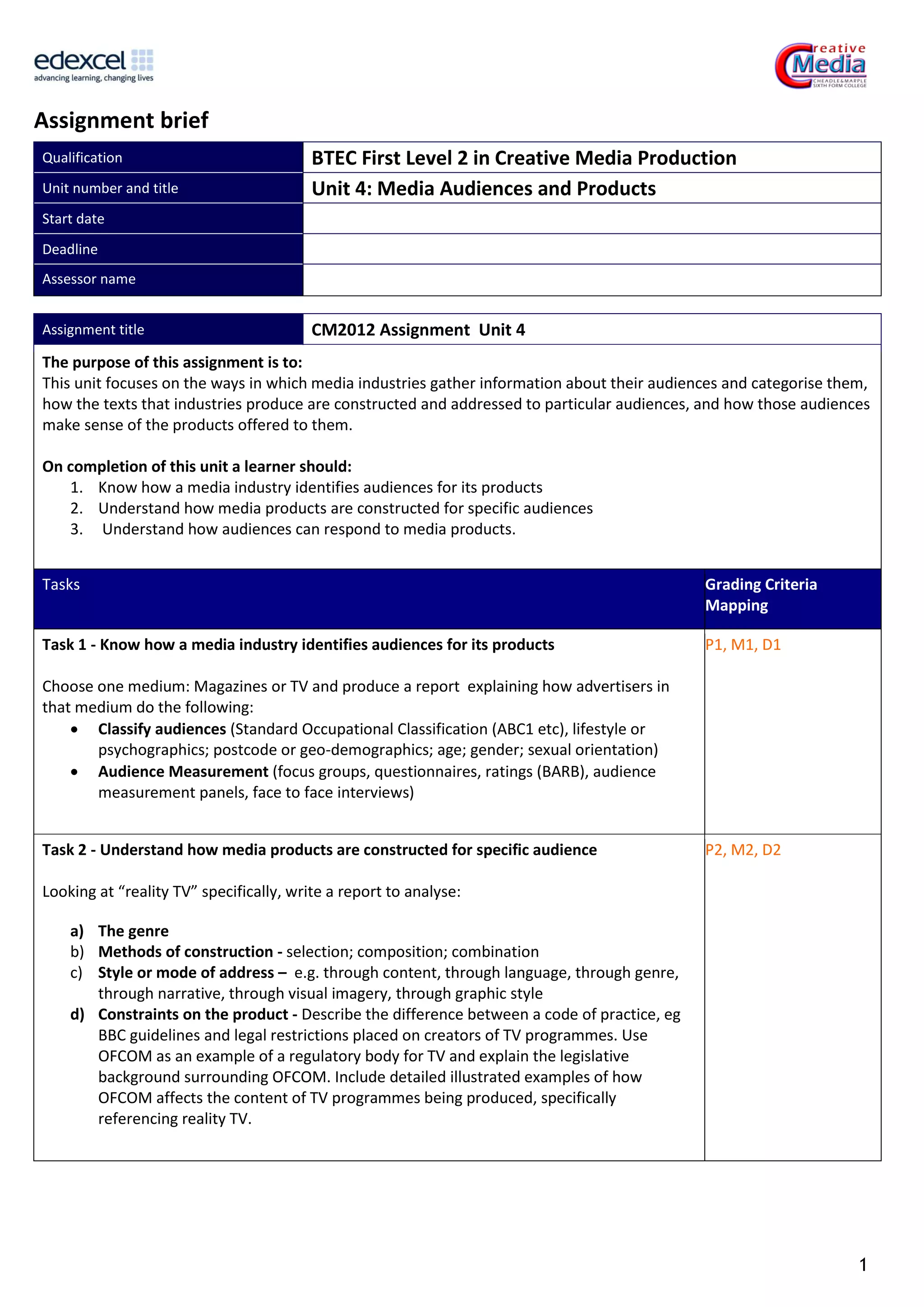 Assignment brief unit 4 | PDF