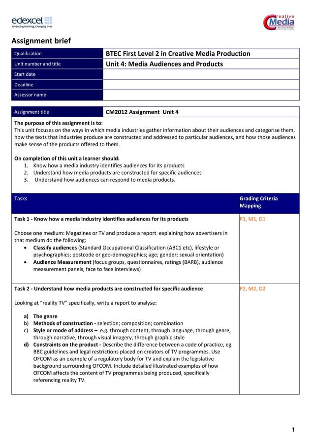 Assignment brief unit 4 | PDF