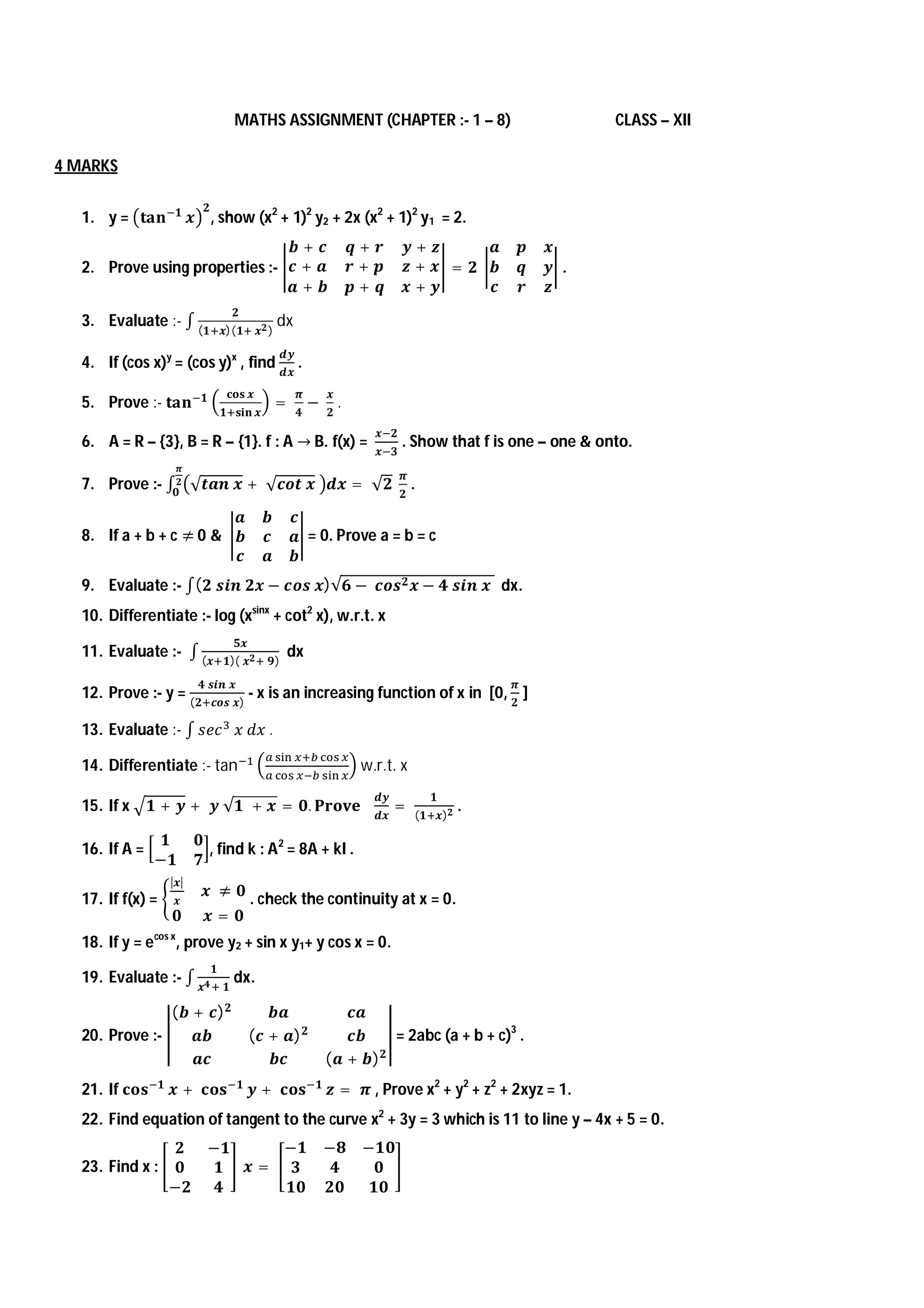 Assignment Chapters 1 -8- Maths (CLASS XII) | PDF