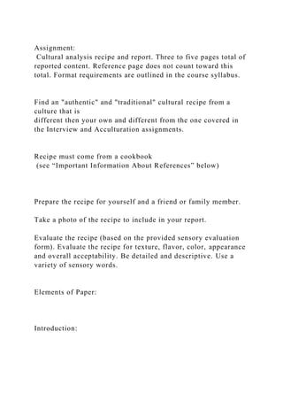 Assignment Cultural analysis recipe and report. Three to five pag.docx