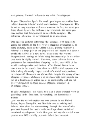 Assignment Cultural Influences on Infant DevelopmentIn your Dis | PDF