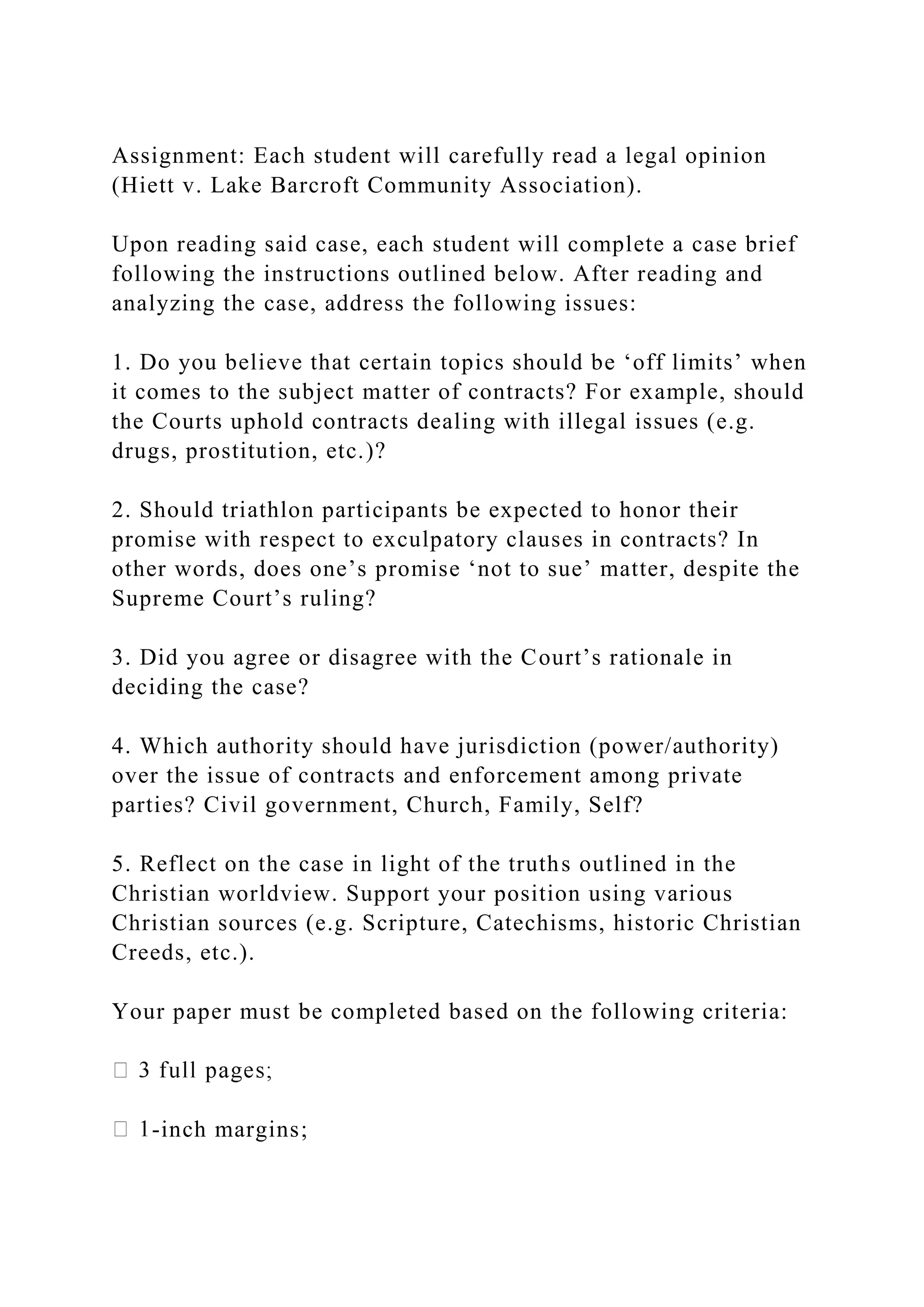 Assignment Each student will carefully read a legal opinion (Hiett .docx