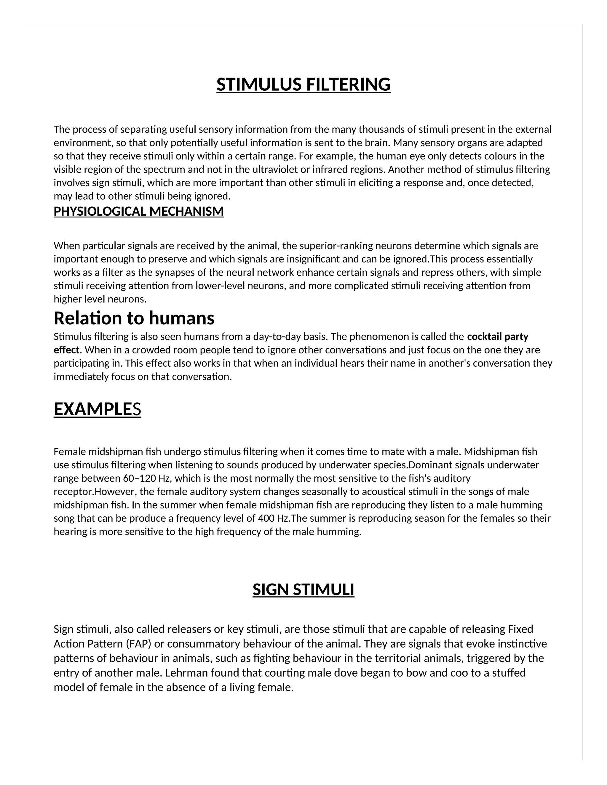 Stimulus filtering, sign stimulus,innate releasing mechanism,fixed ...