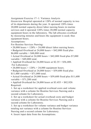 Assignment Exercise 17–1 Variance AnalysisGreenview Hospital op.docx