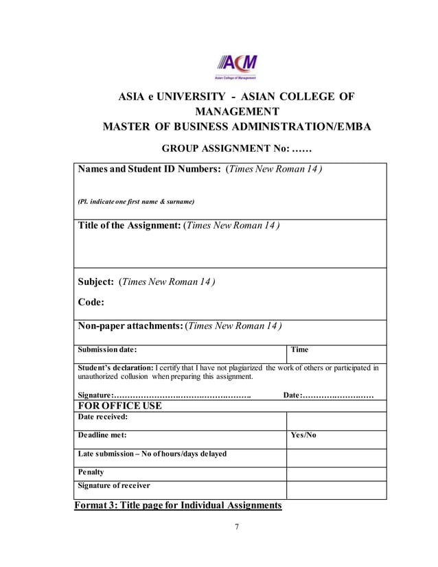 Assignment format for MBA Students | DOCX