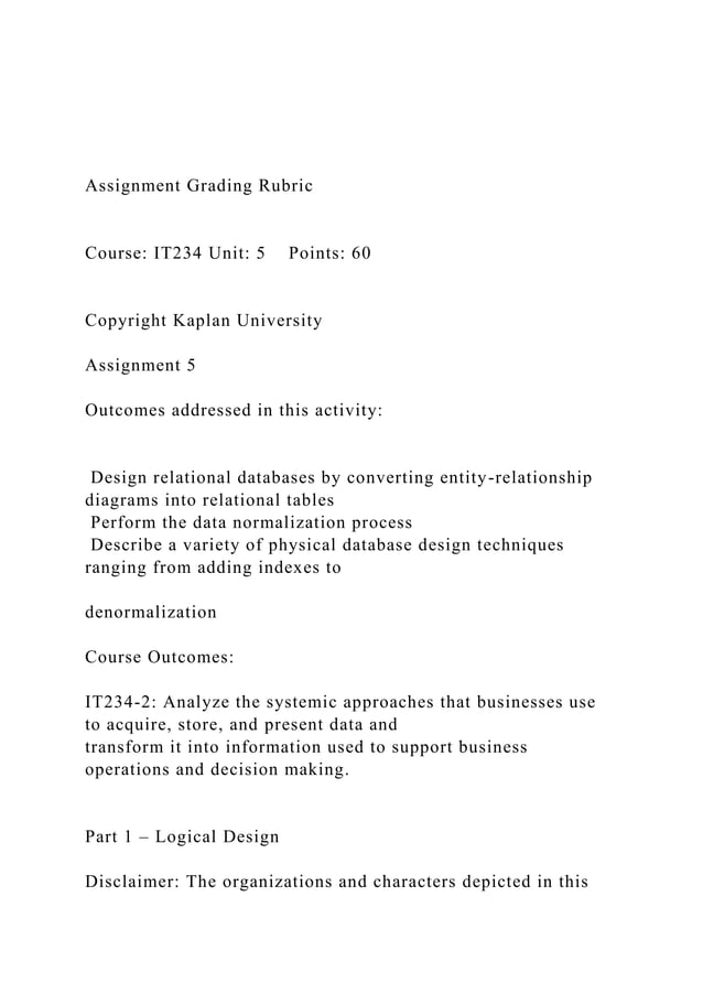 Assignment Grading Rubric Course IT234 Unit 5 Poin.docx | Databases | Computer Software and ...