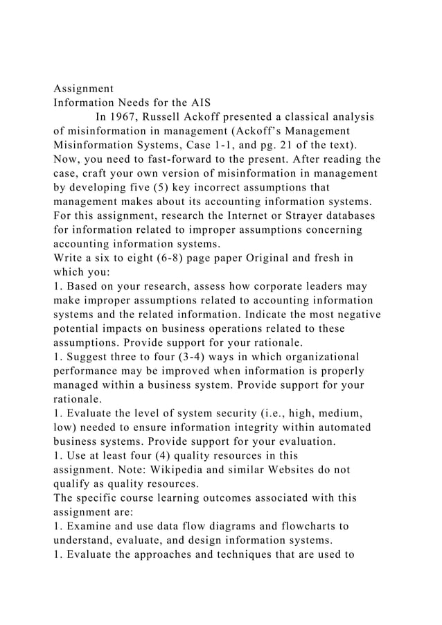 Assignment Information Needs for the AIS In 1967, R.docx