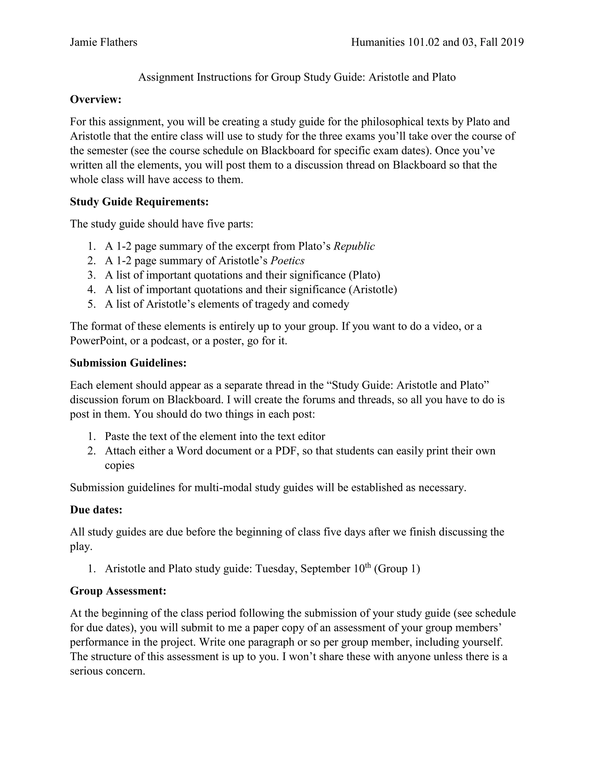 Assignment instructions for aristotle and plato | PDF