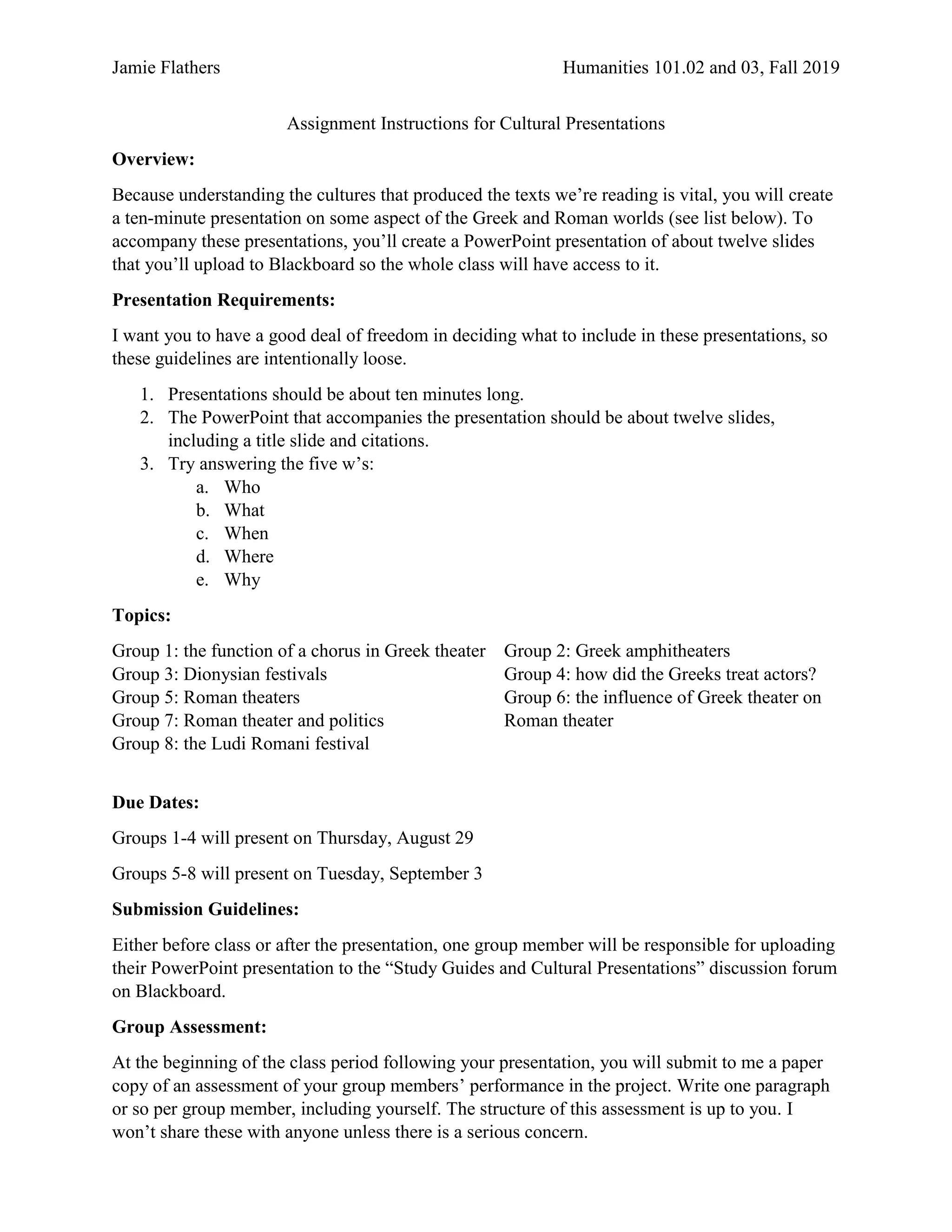 Assignment instructions for cultural presentations | PDF