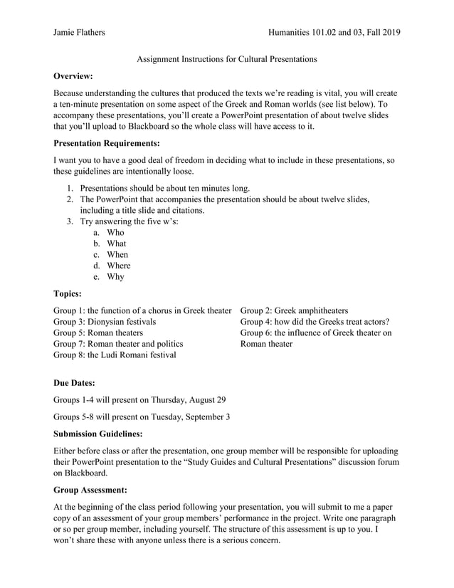 Assignment instructions for cultural presentations | PDF