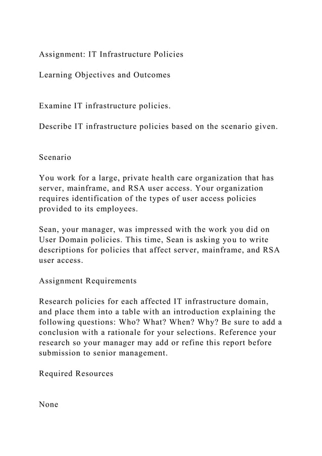 Assignment IT Infrastructure PoliciesLearning Objectives and Ou.docx | Computing | Technology ...