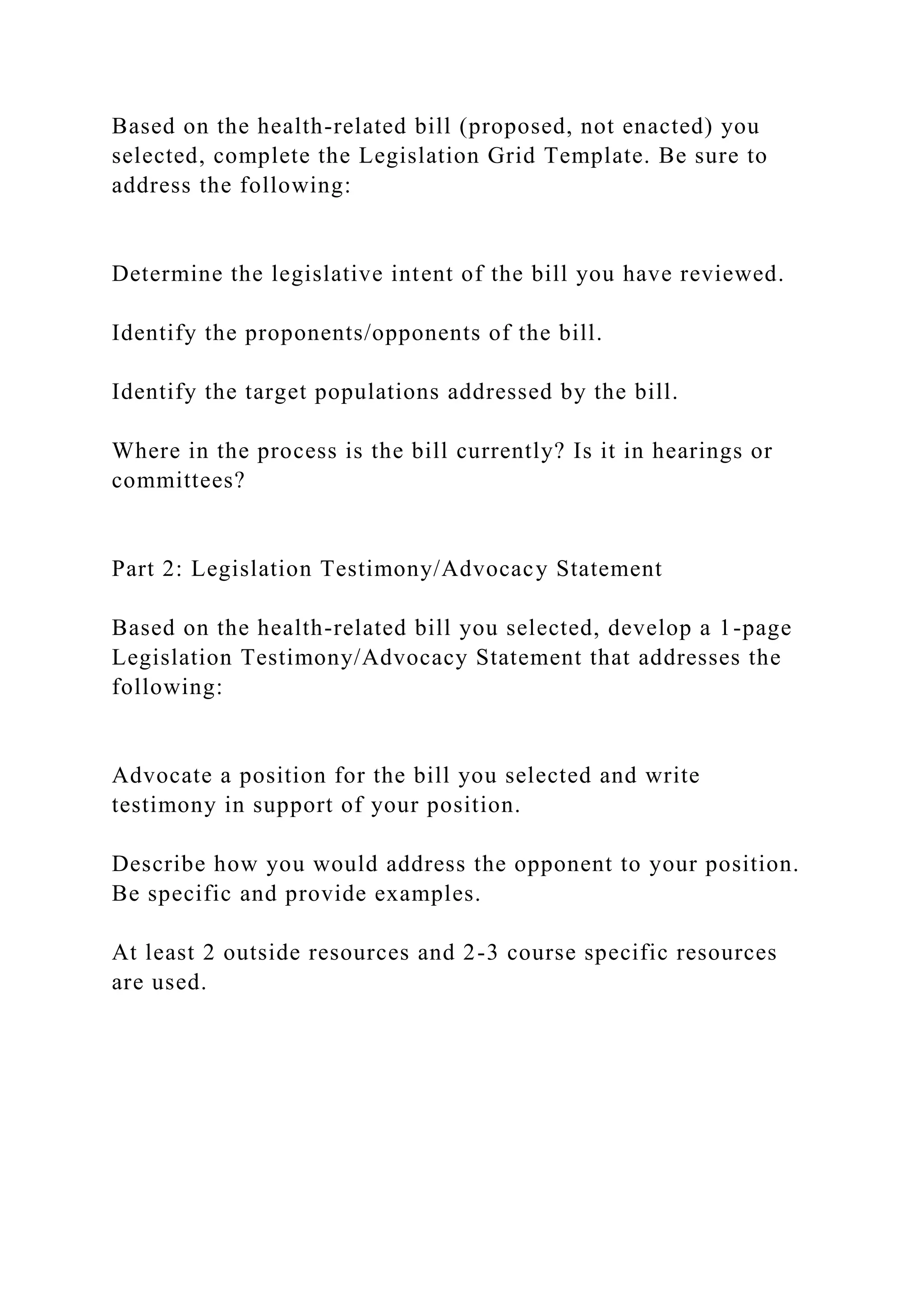 Assignment Legislation Grid and TestimonyAdvocacy Statement.docx