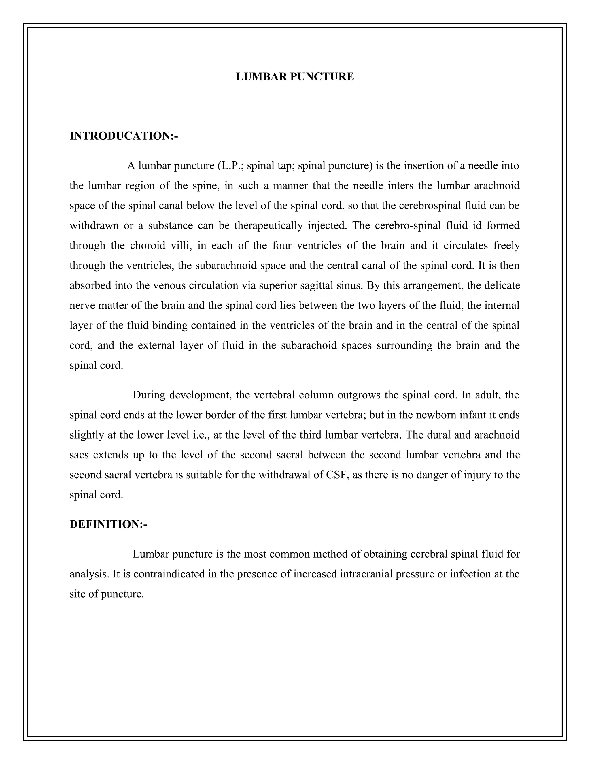 Assignment ON LUMBAR PUNCTURE , procedure | DOCX