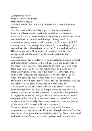 Assignment NameUnit 2 Discussion BoardDeliverable Length150-.docx