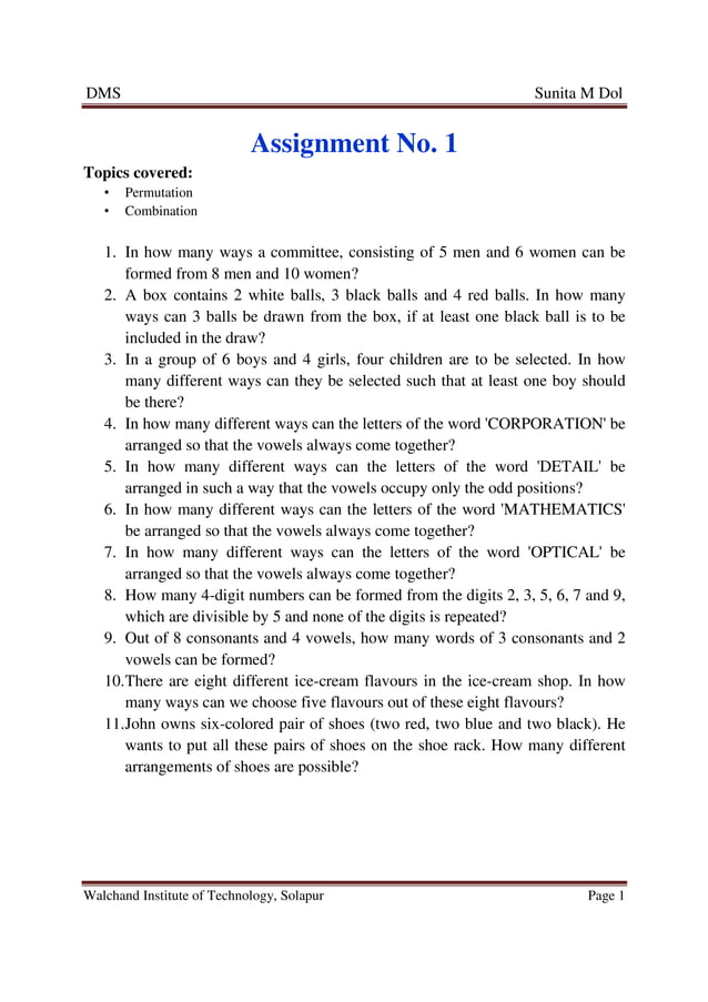 Assignment No. 1 on Unit-I Fundamental Principles of Counting | PDF
