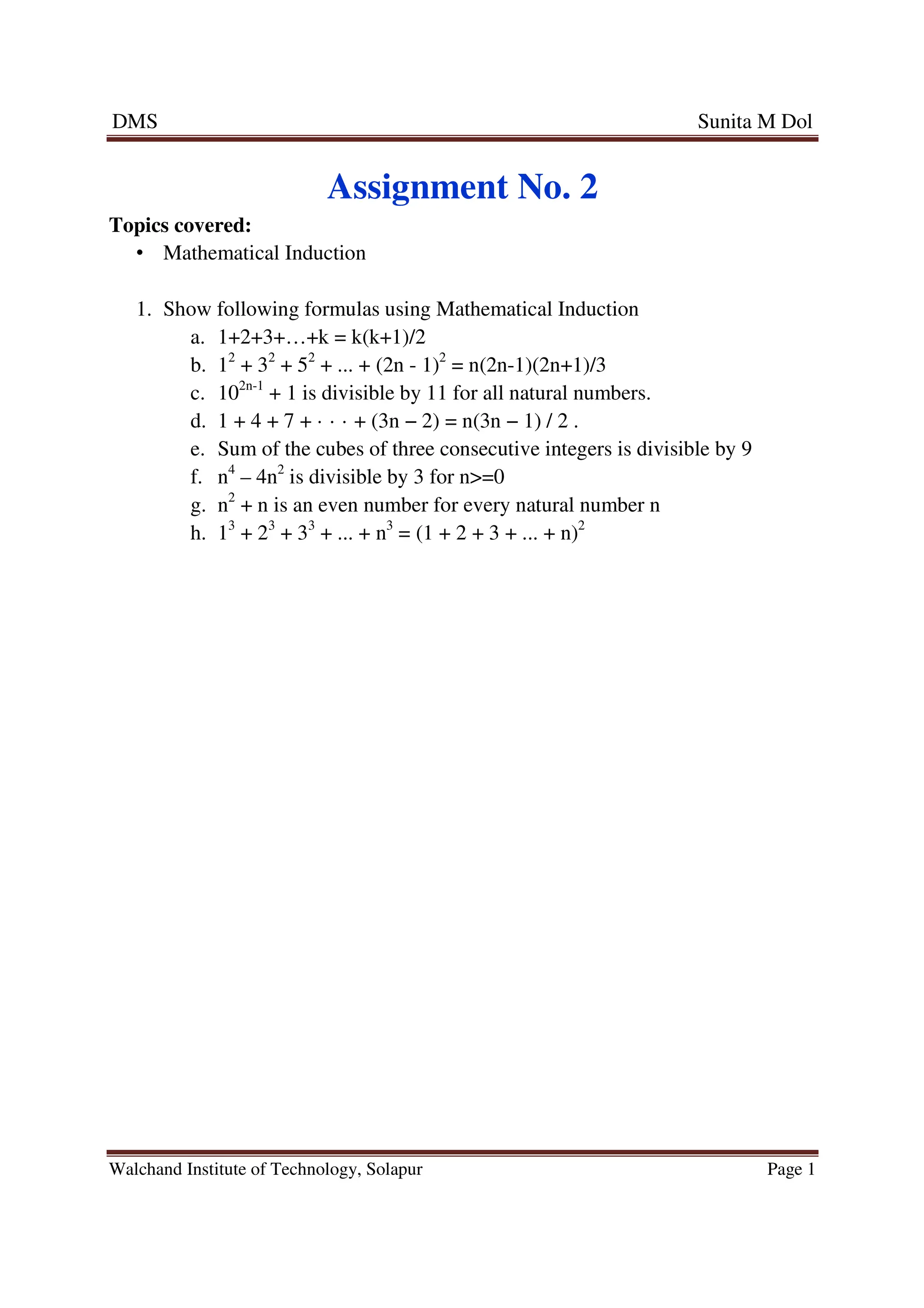 Assignment No. 2 on Unit-I Mathematical Induction | PDF