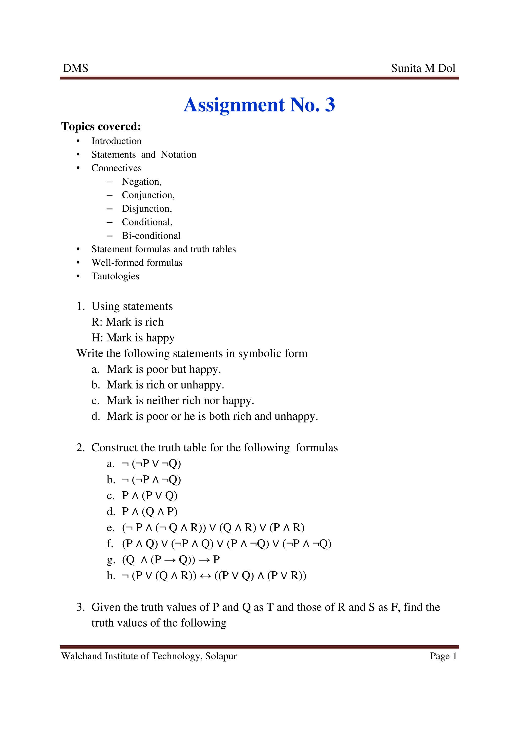 Assignment No. 3 on Unit-II Mathematical Logic | PDF