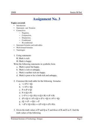 Assignment No. 3 on Unit-II Mathematical Logic | PDF