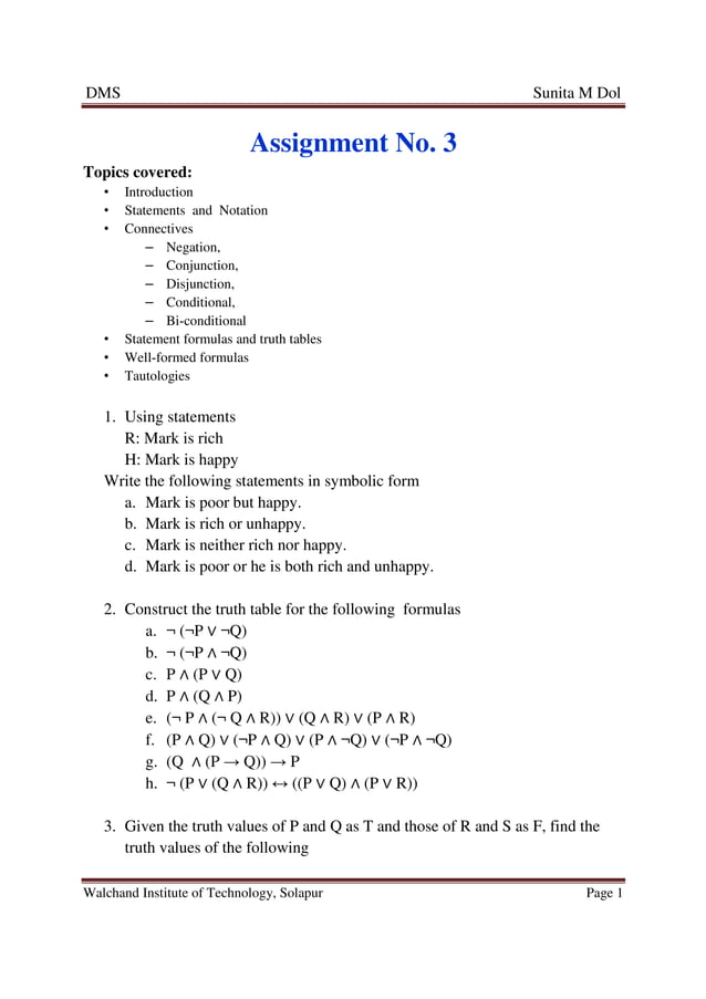 Assignment No. 3 on Unit-II Mathematical Logic | PDF