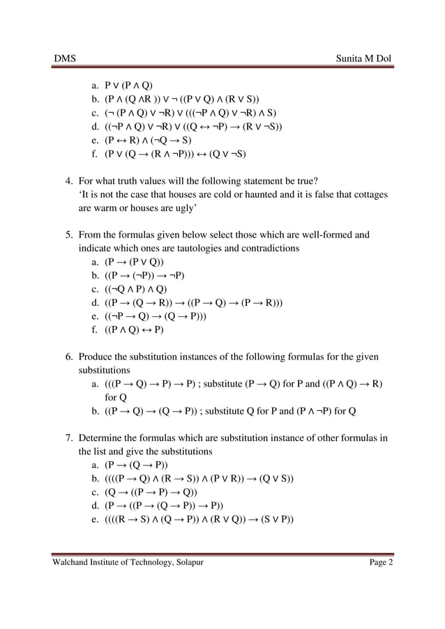 Assignment No. 3 on Unit-II Mathematical Logic | PDF