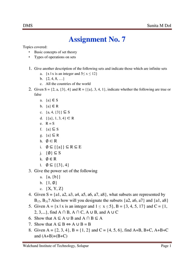 Assignment No. 7 on Unit-IV - Set Theory, Relations and Function | PDF