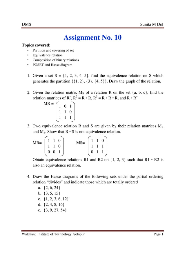 Assignment No. 10 on Unit-IV Set Theory, Relations and Function | PDF