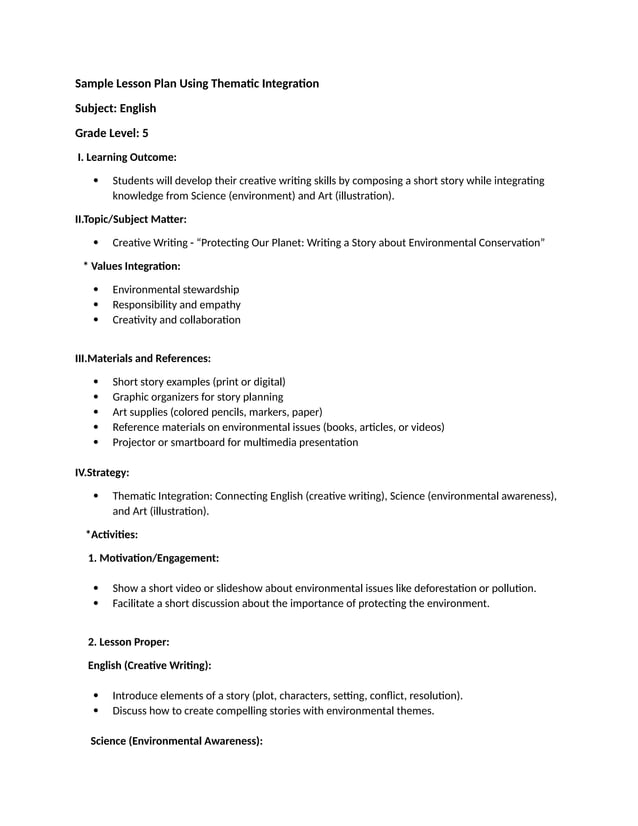 Assignment No. 4 lesson plan using thematic integration with ...