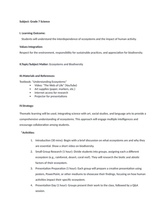 Assignment No. 4 lesson plan using thematic integration with ...
