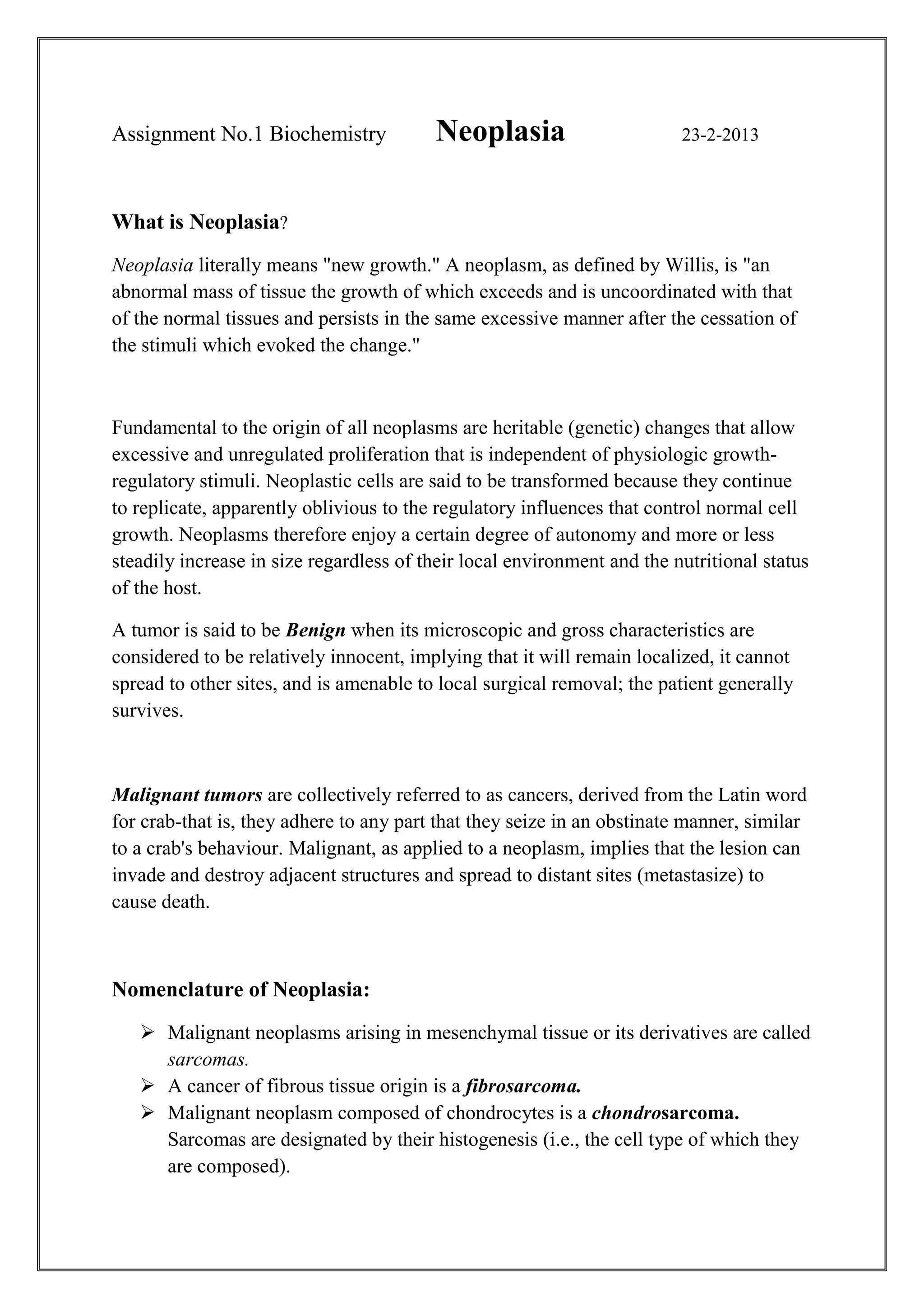 Assignment on NEOPLASIA | DOCX