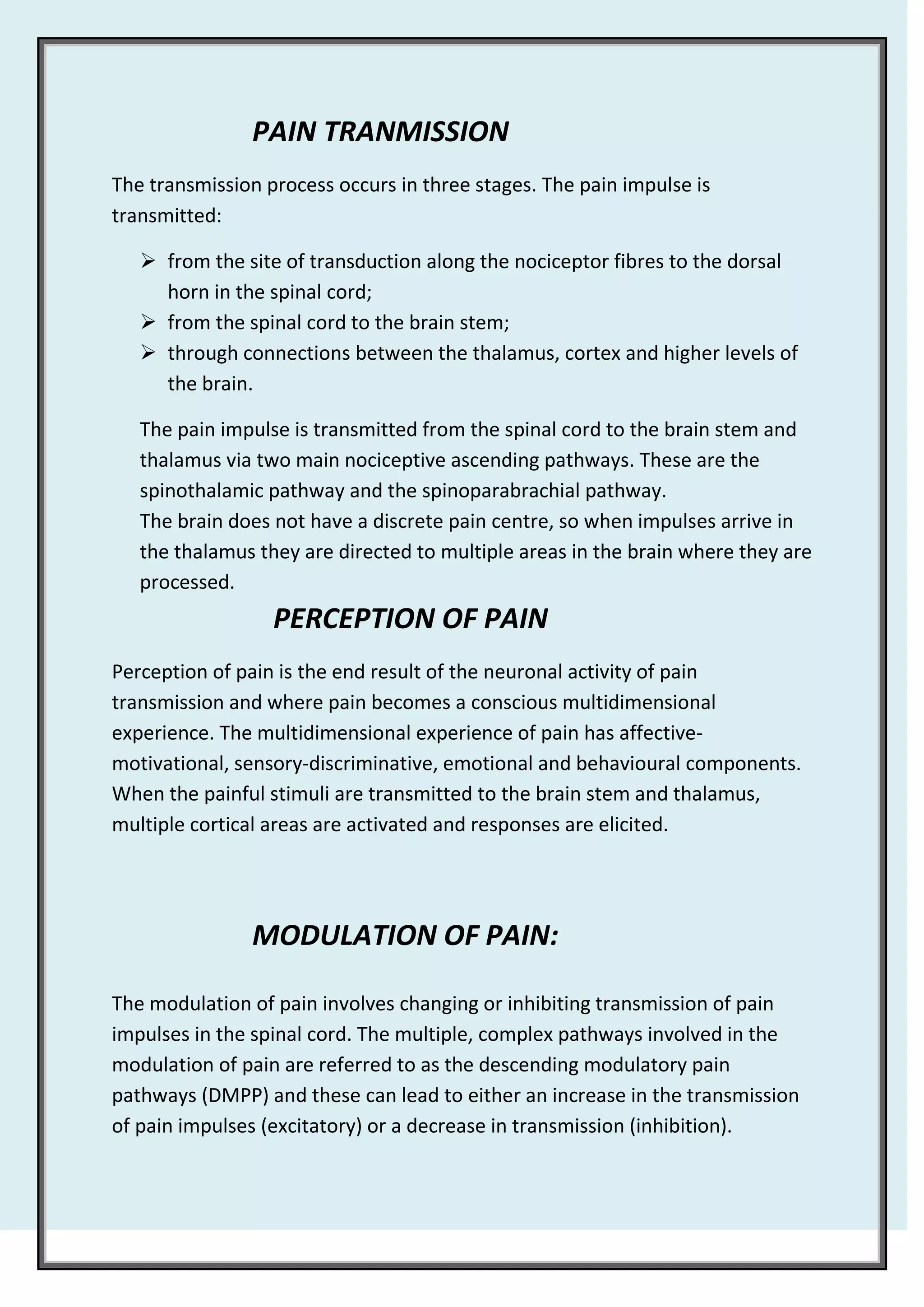 Pain perception , transmission, control & role of physical therapist | DOCX