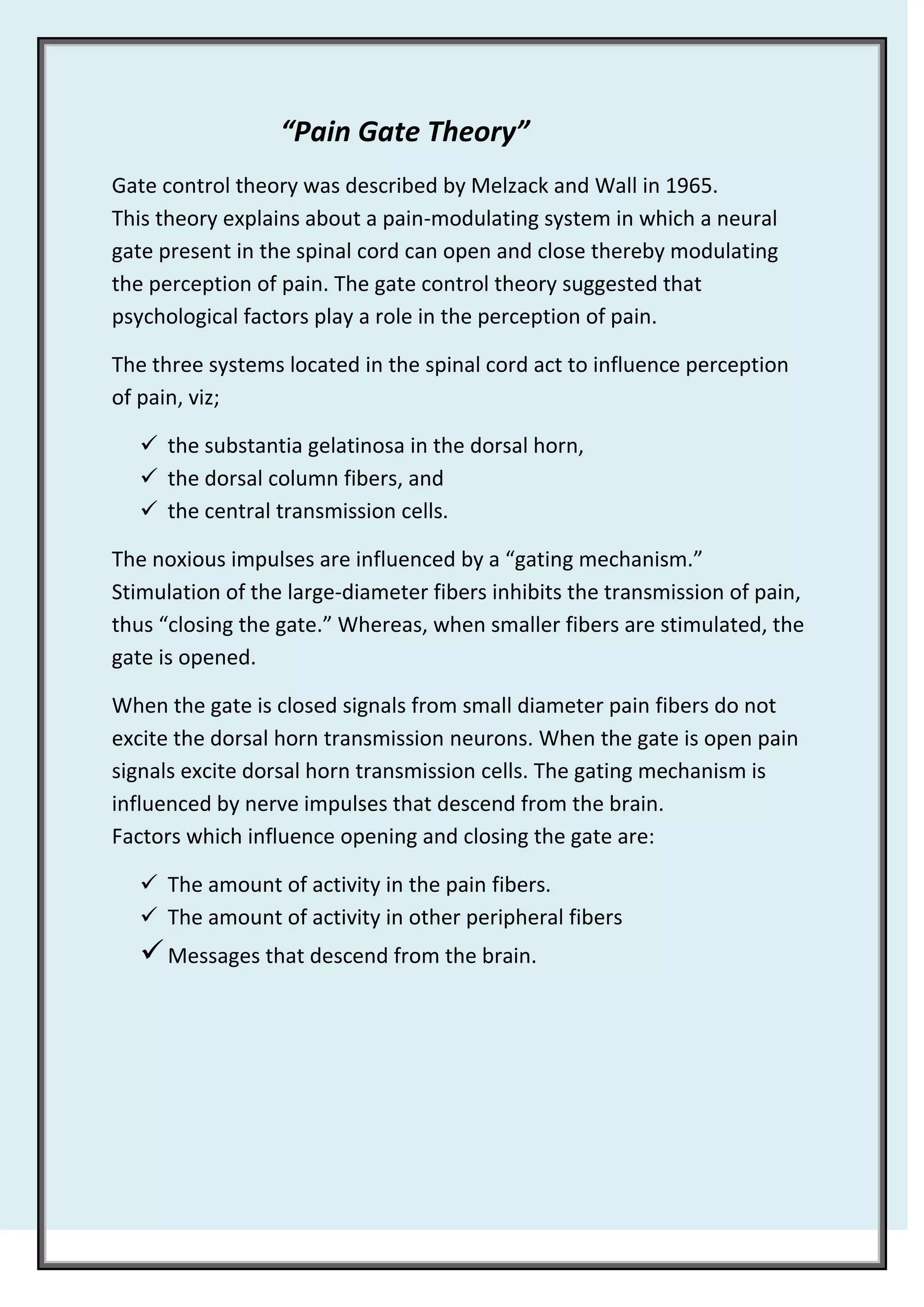 Pain perception , transmission, control & role of physical therapist | DOCX