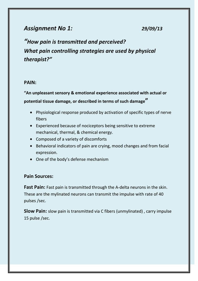 Pain perception , transmission, control & role of physical therapist | DOCX