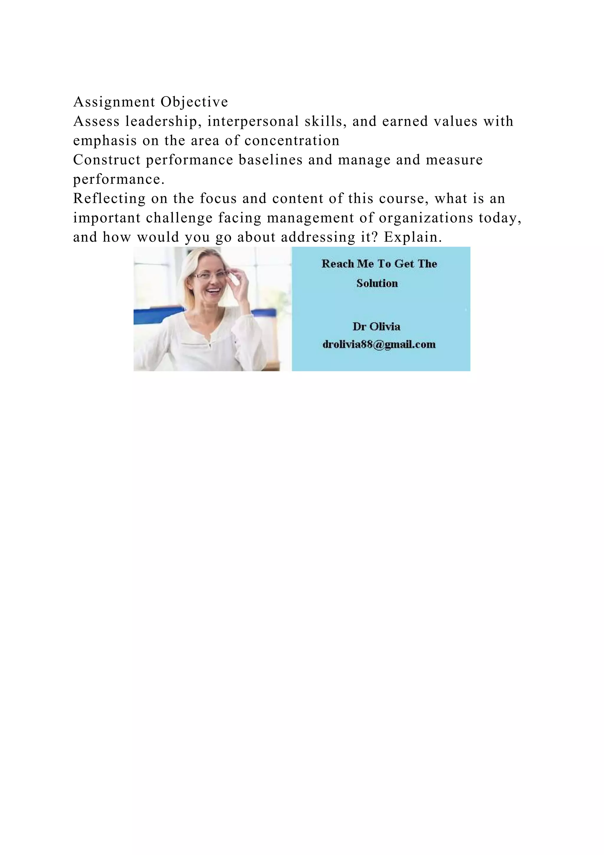 Assignment ObjectiveAssess leadership, interpersonal skills, and e.docx