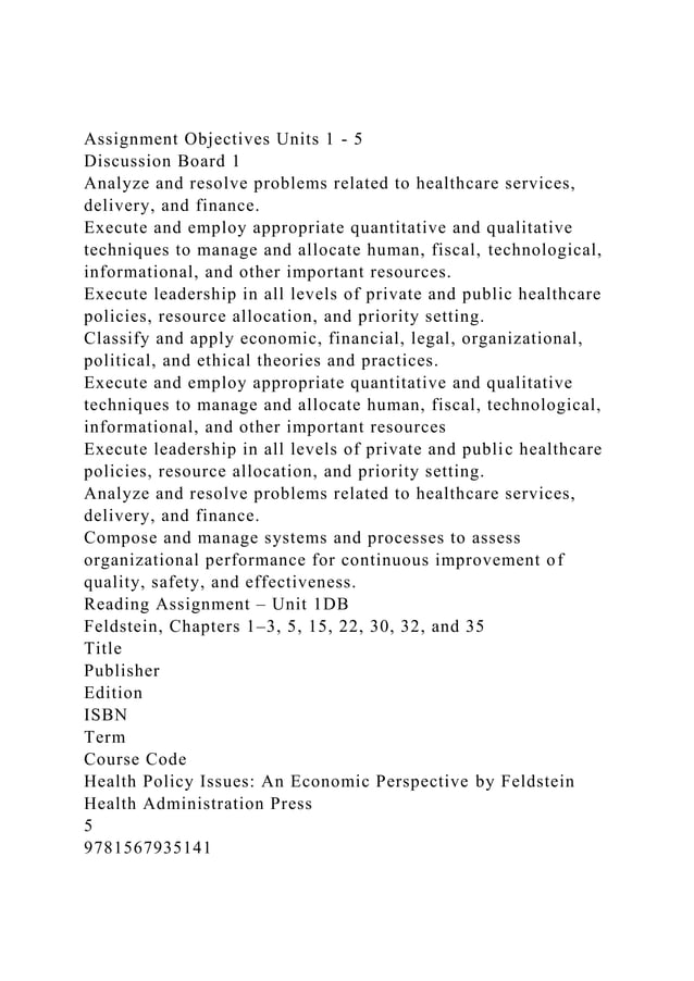 Assignment Objectives Units 1 - 5Discussion Board 1Analyze and.docx