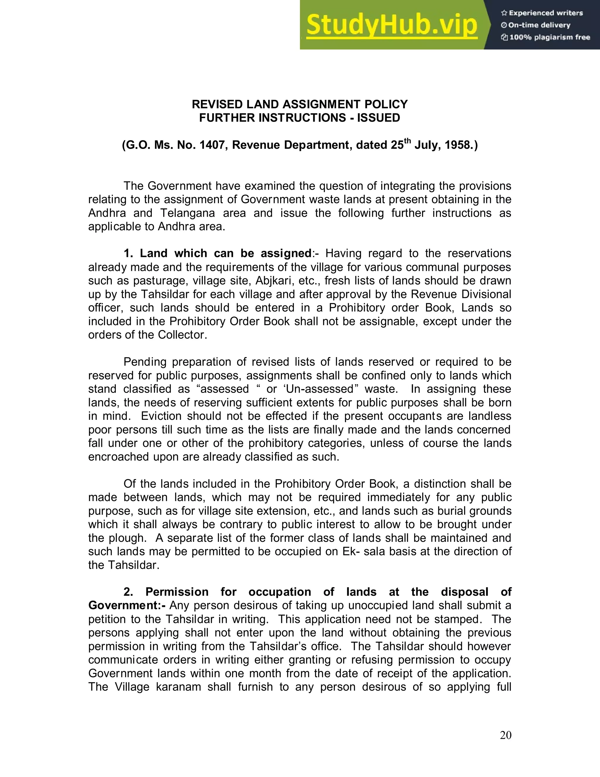 ASSIGNMENT OF GOVERNM ENT LANDS Land Cell 2 ASSIGNMENT OF GOVERNMENT ...