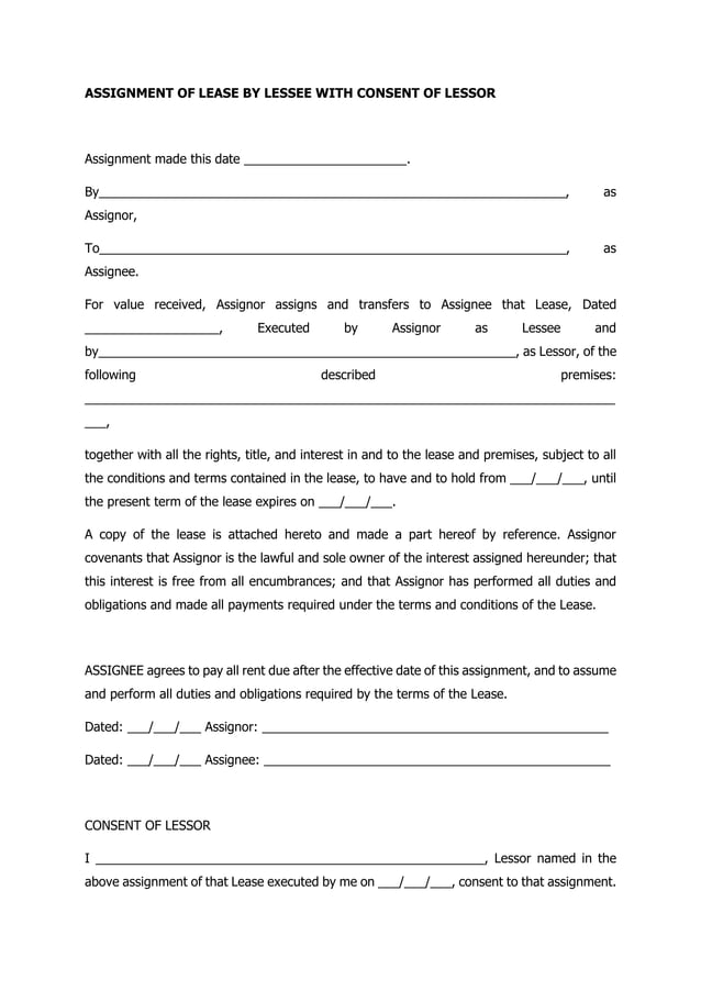 ASSIGNMENT OF LEASE BY LESSEE WITH CONSENT OF LESSOR | PDF