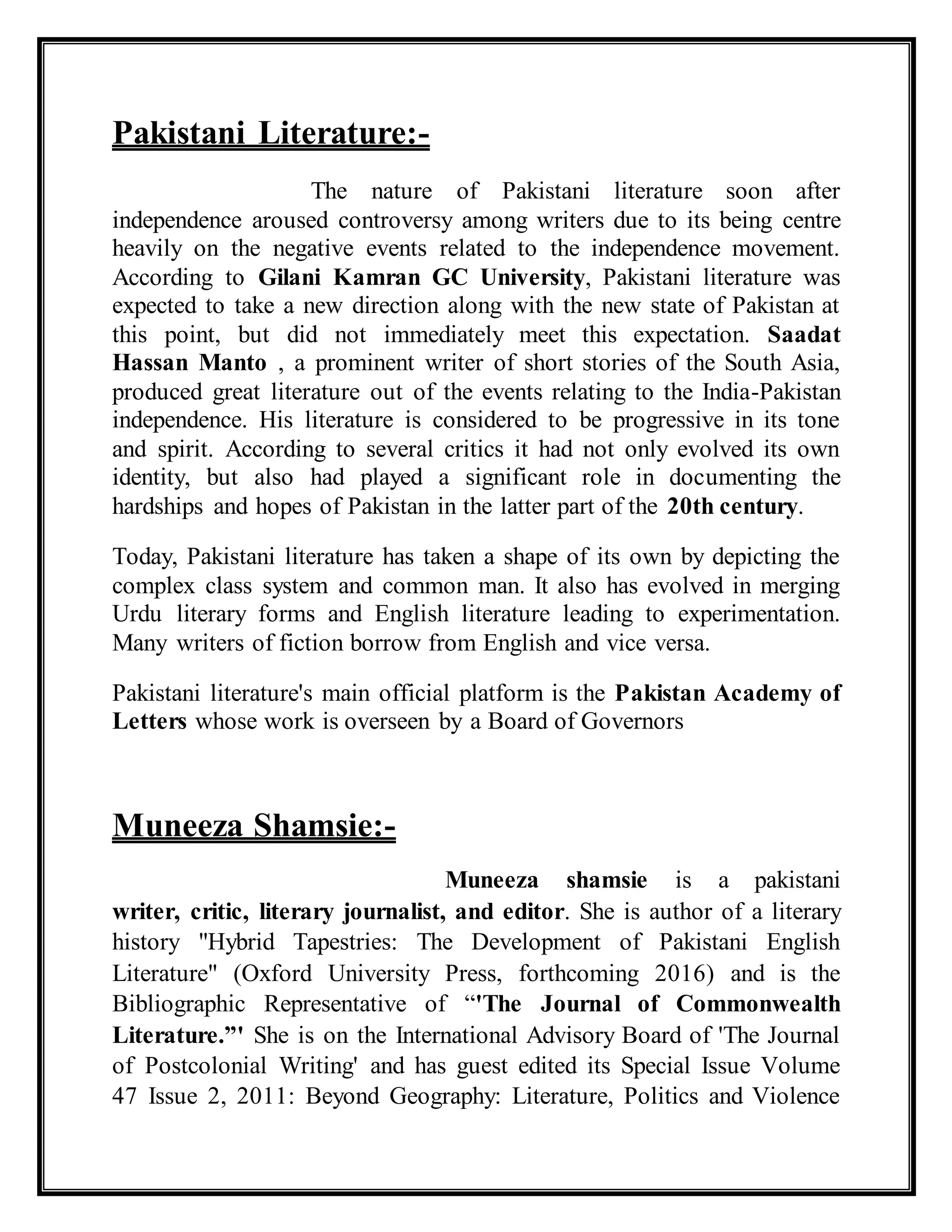 Assignment of pakistani literature | DOCX