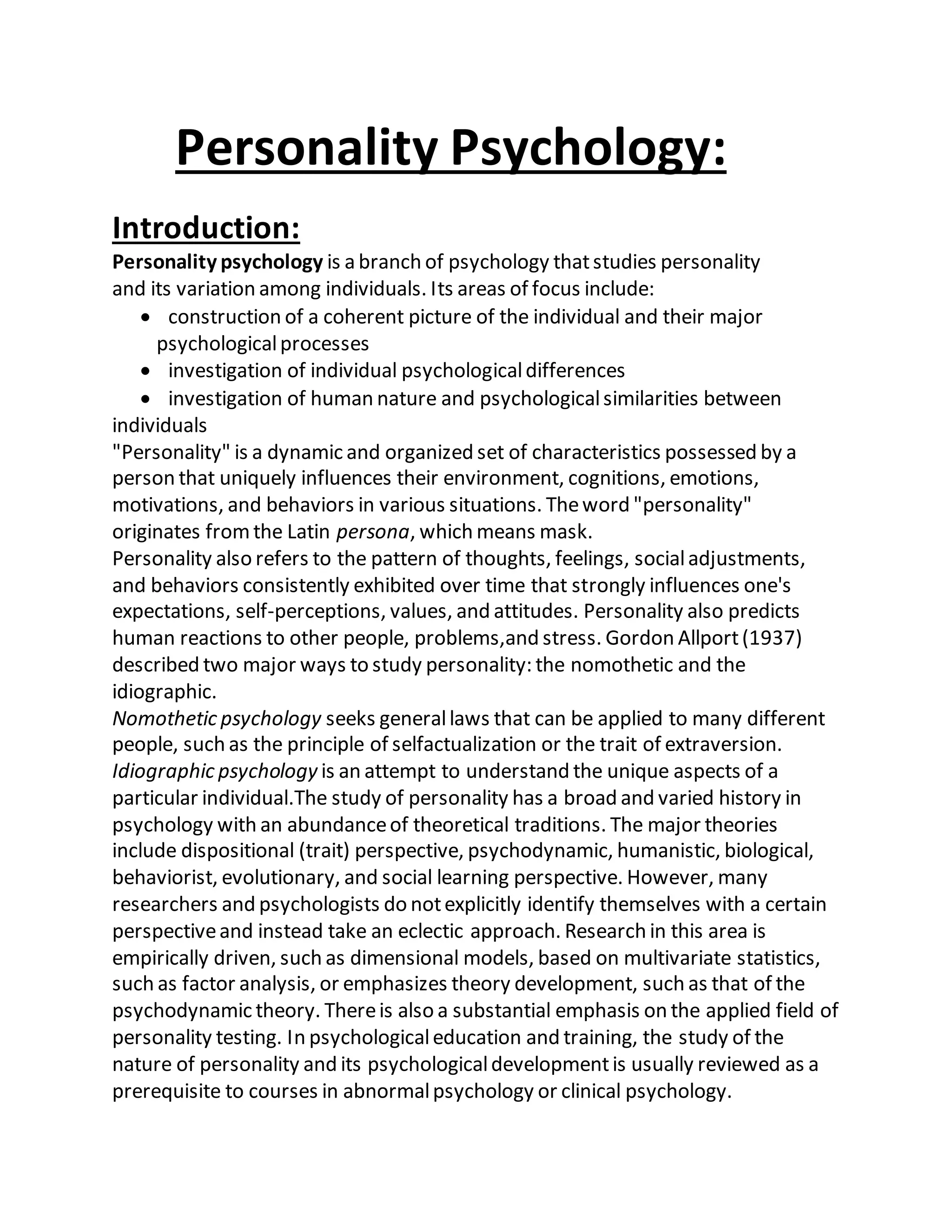 Assignment of Personality Psychology | DOCX