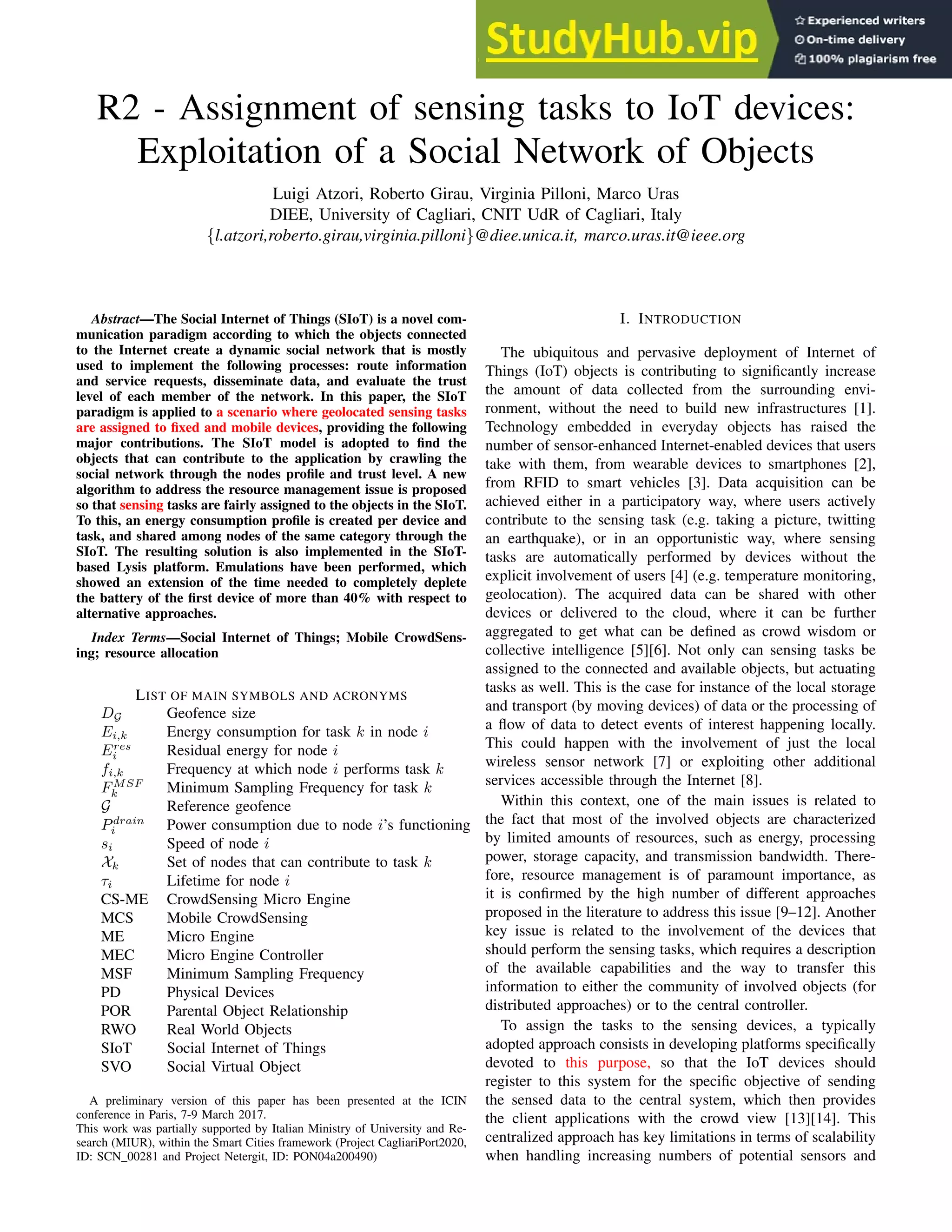 Assignment Of Sensing Tasks To IoT Devices Exploitation Of A Social Network Of Objects | PDF