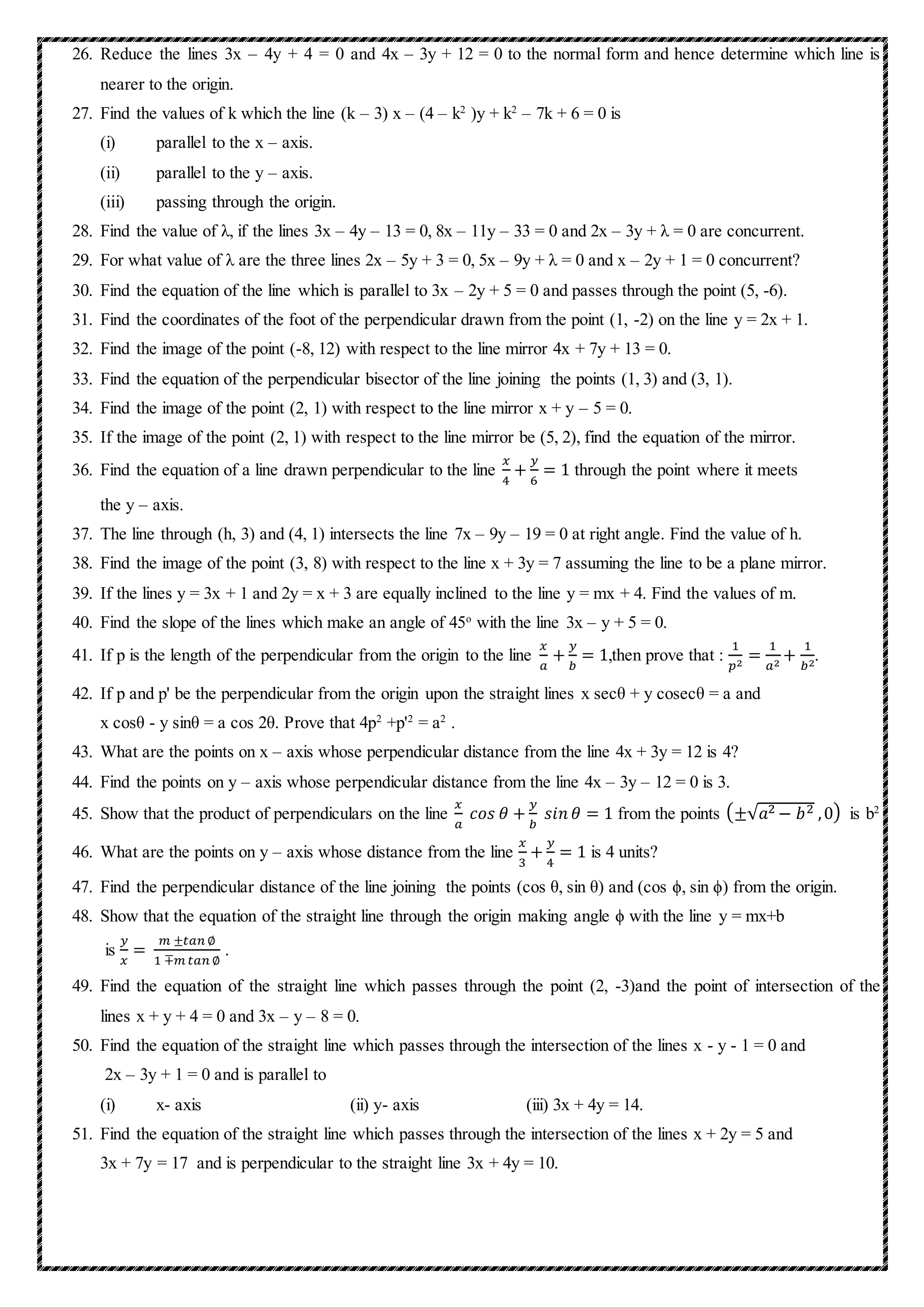 Assignment of straight lines and conic section | DOCX | Physics | Science