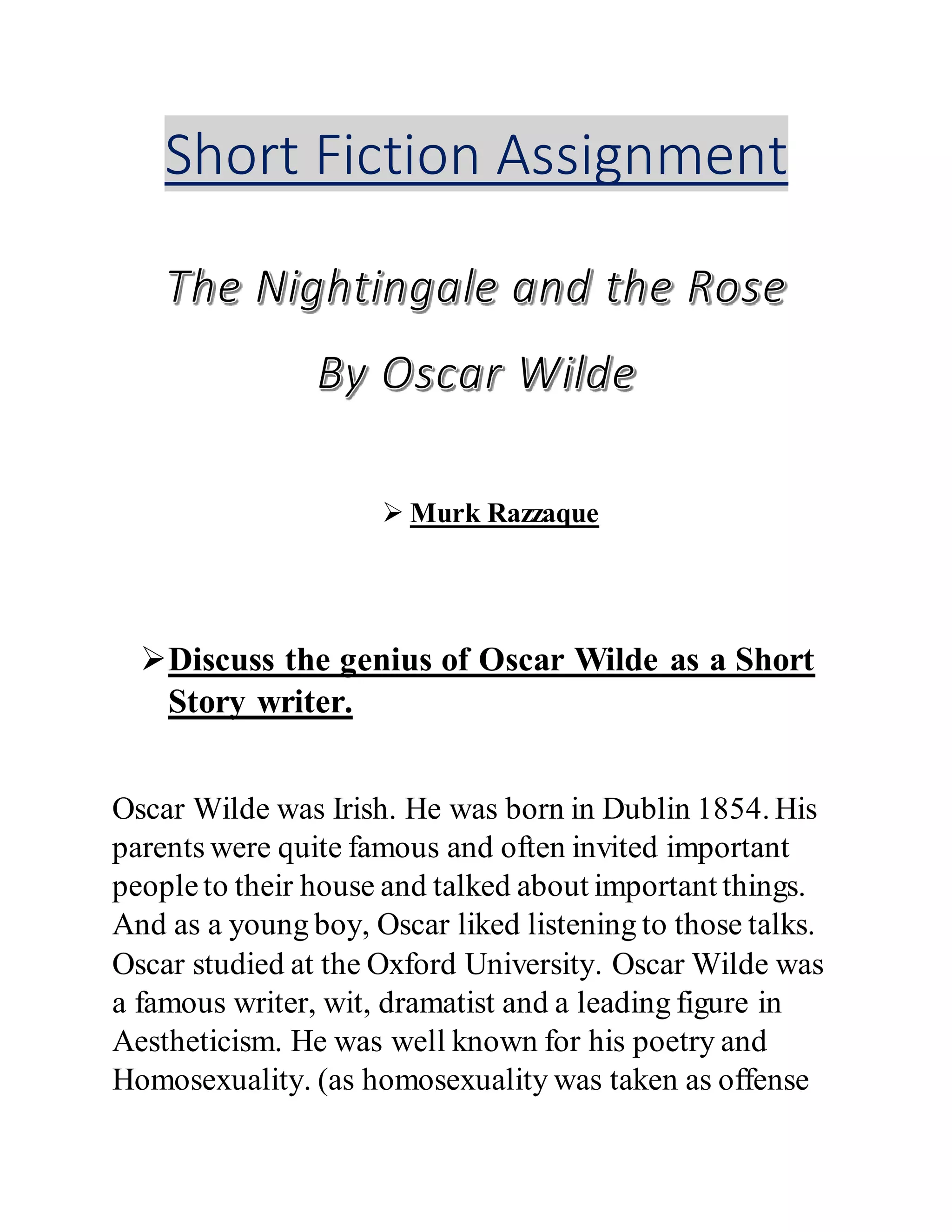 Oscar Wilde as writer and The Nightingale and the Rose text analysis | PDF