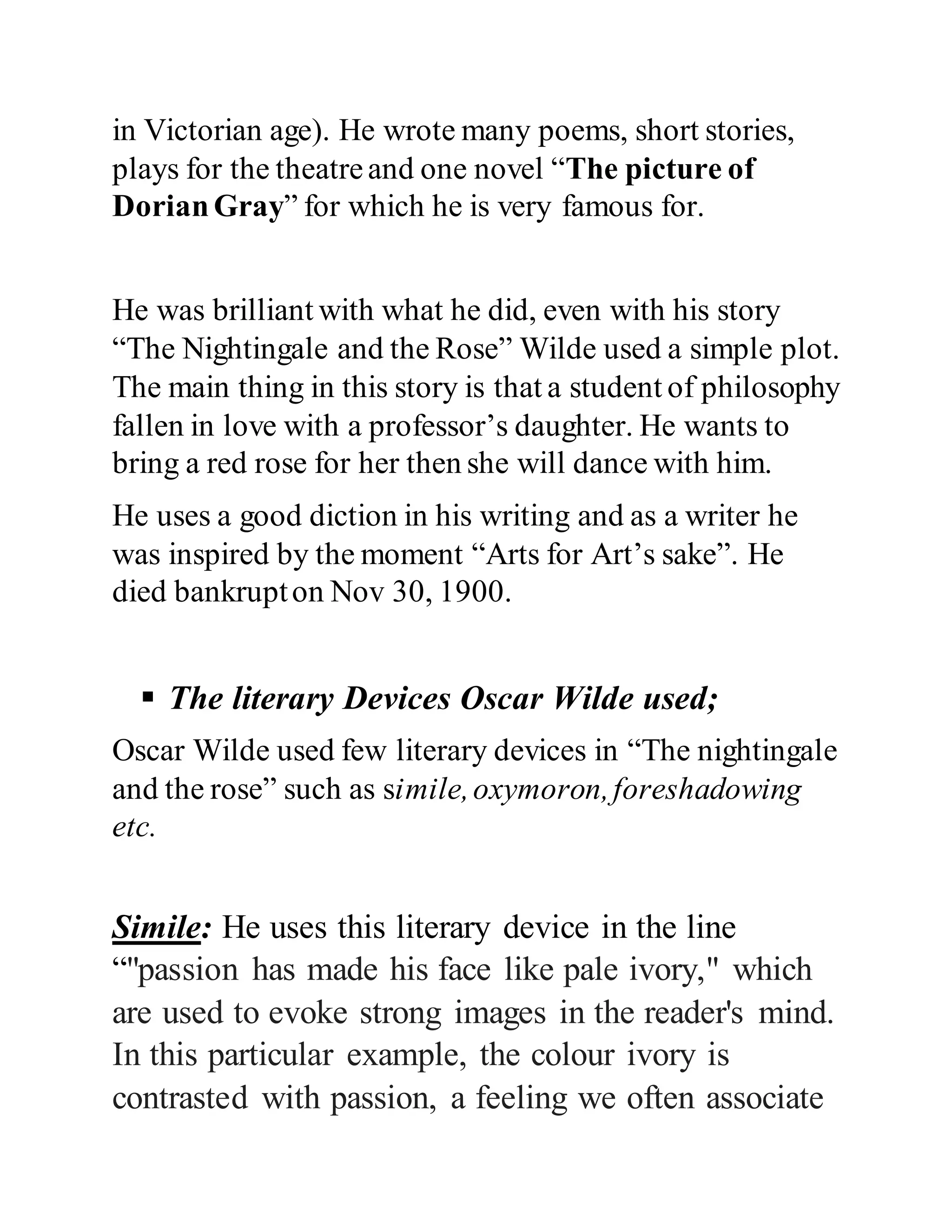 Oscar Wilde as writer and The Nightingale and the Rose text analysis | PDF